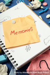 “Memories” post it note on book with pills, paper clips and pens ...