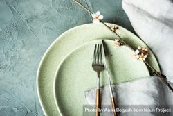 Top View Of Silverware On Spring Table Setting Blooming Tree Branch On ...