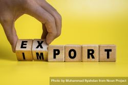 male hand turning export and import words on wooden block isolated on ...