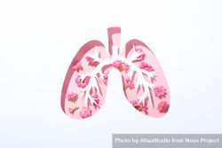 Lung shape cut out of paper with bronchus and pink flowers underneath ...