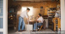 Male Stock Traders Working In Retro Garage, Using Old Desktop Computer With Candlestick Chart ...