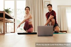 Couple Stretching Watching Fitness Video Tutorial Online On Laptop ...
