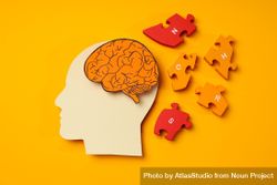 Cut Out Of Head Shape With Brain & Puzzle Pieces On Orange Background ...